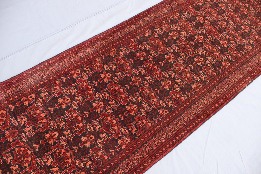 12 Ft Runner Rug, Floral Design Vintage Rug, Turkmen Tribal Rug ...