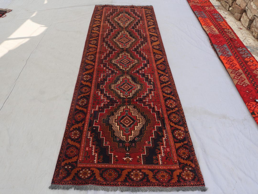 1940s Antique 9 Ft Runner Rug, Low Pile Faded Afghan Handmade Runner ...