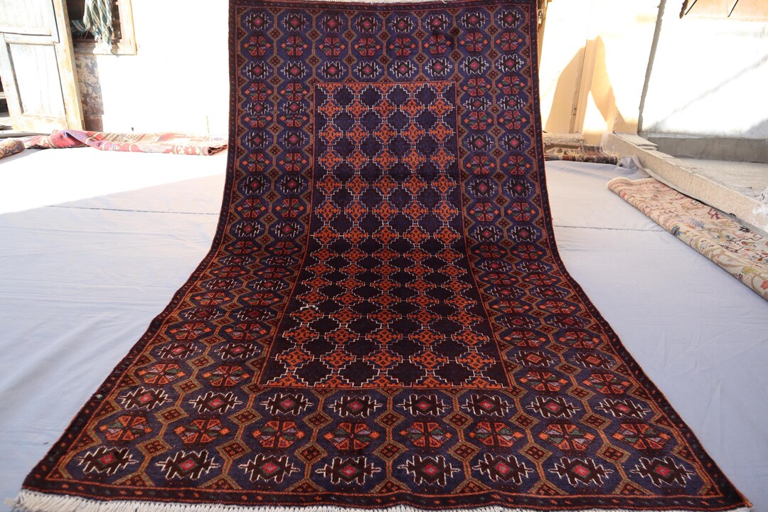 3'10x6'7 Orange Afghan Vintage Rug, Turkmen Handmade Wool Oriental Rug ...