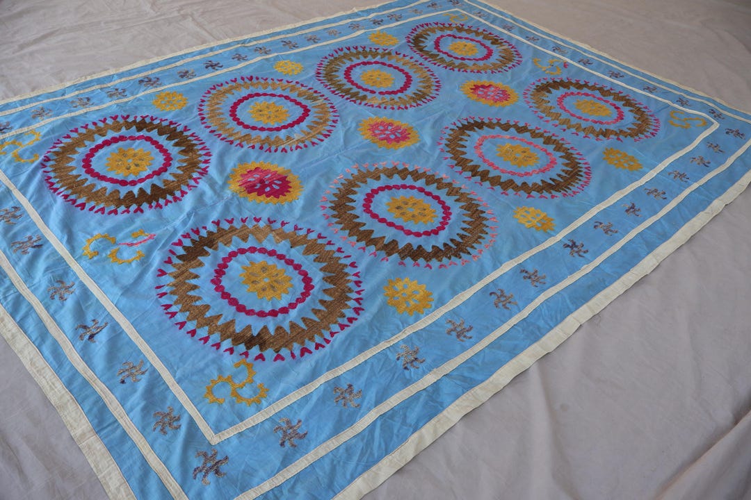 6x8 Sky Blue One of a Kind Handmade Uzbek Suzani Antique Medallion ...