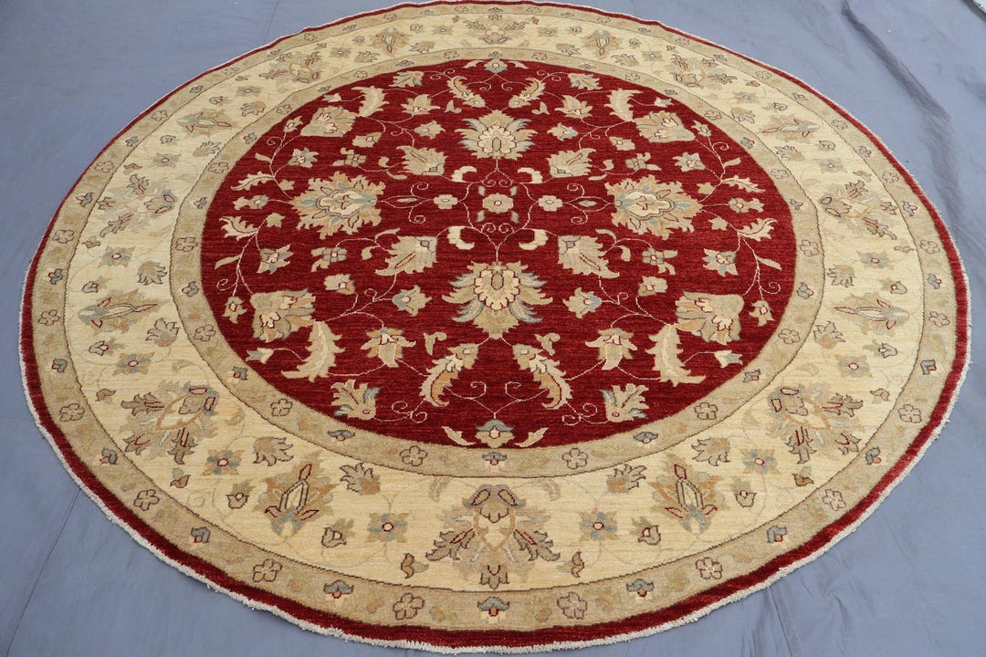 8'4x8'6 Ft Red Round Rug, Natural Dyes Hand Knotted Wool Large Circle ...
