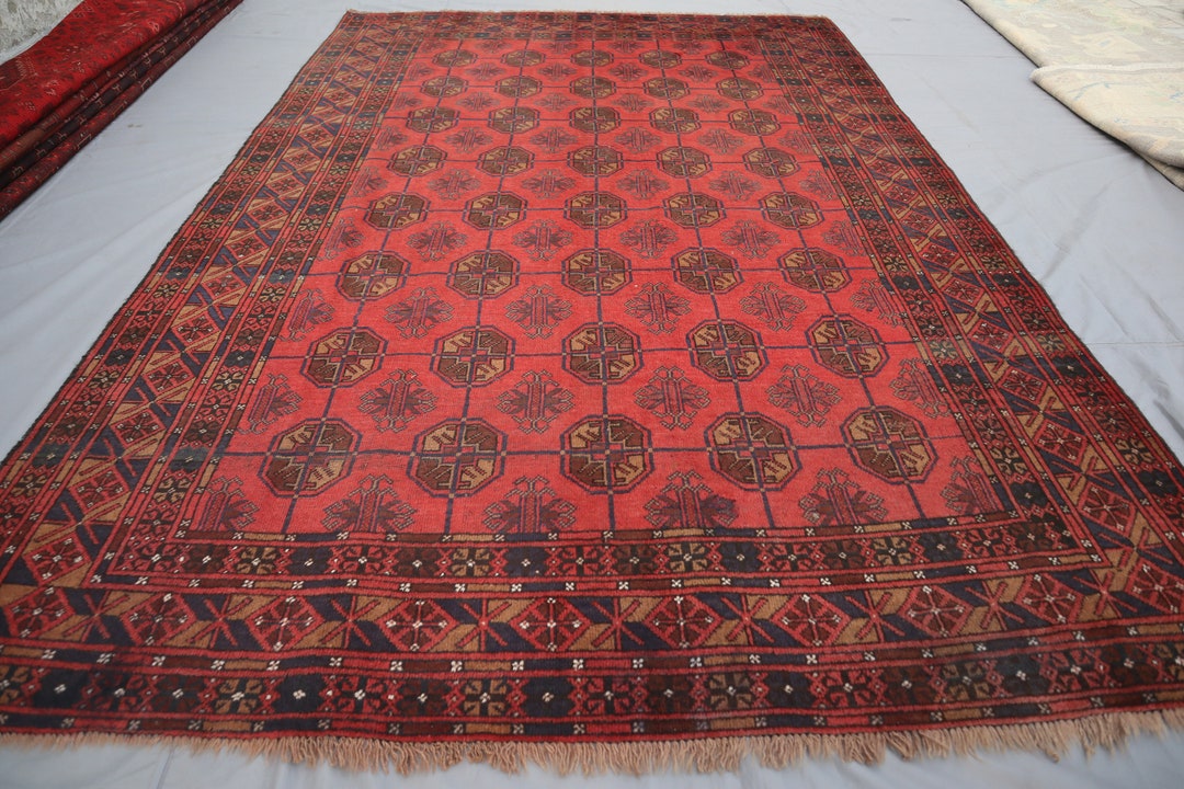 6'9x10'2 Ft Antique Turkmen Bukhara Rug, Rust Red Vintage Afghan ...
