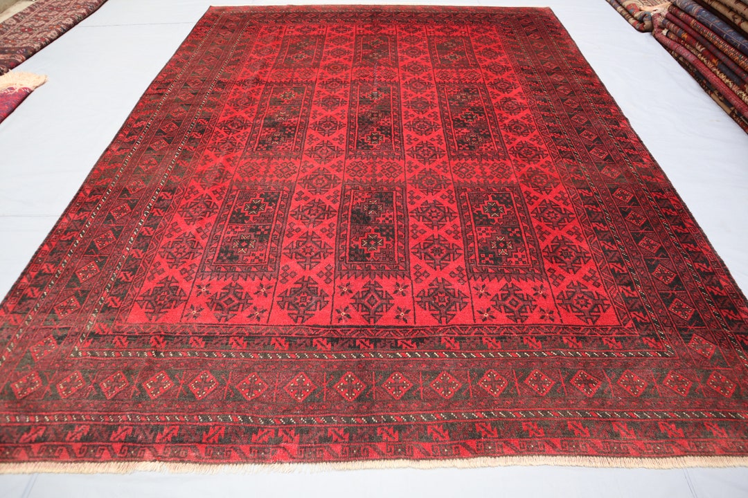 Red Antique Rug 7'3x9'8 Ft Collectors Piece Afghan Handmade Wool Area ...