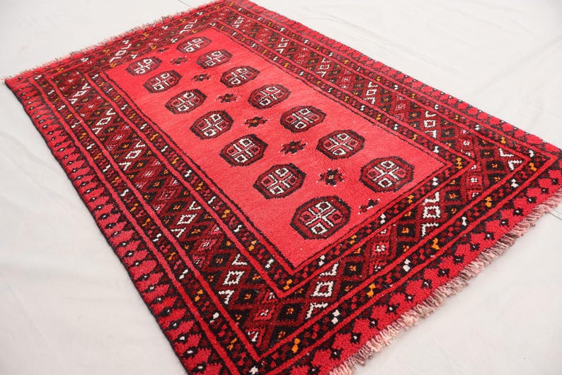 Small Vintage Rug 2'4x3'8 Ft Turkmen Red Bukhara Rug, Afghan Handmade ...