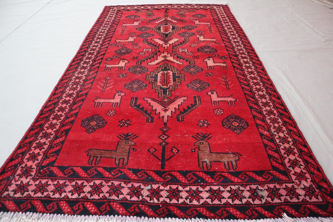4x7 Caucasian Pictorial Rug, Red Antique Rug, Animal Print Art ...