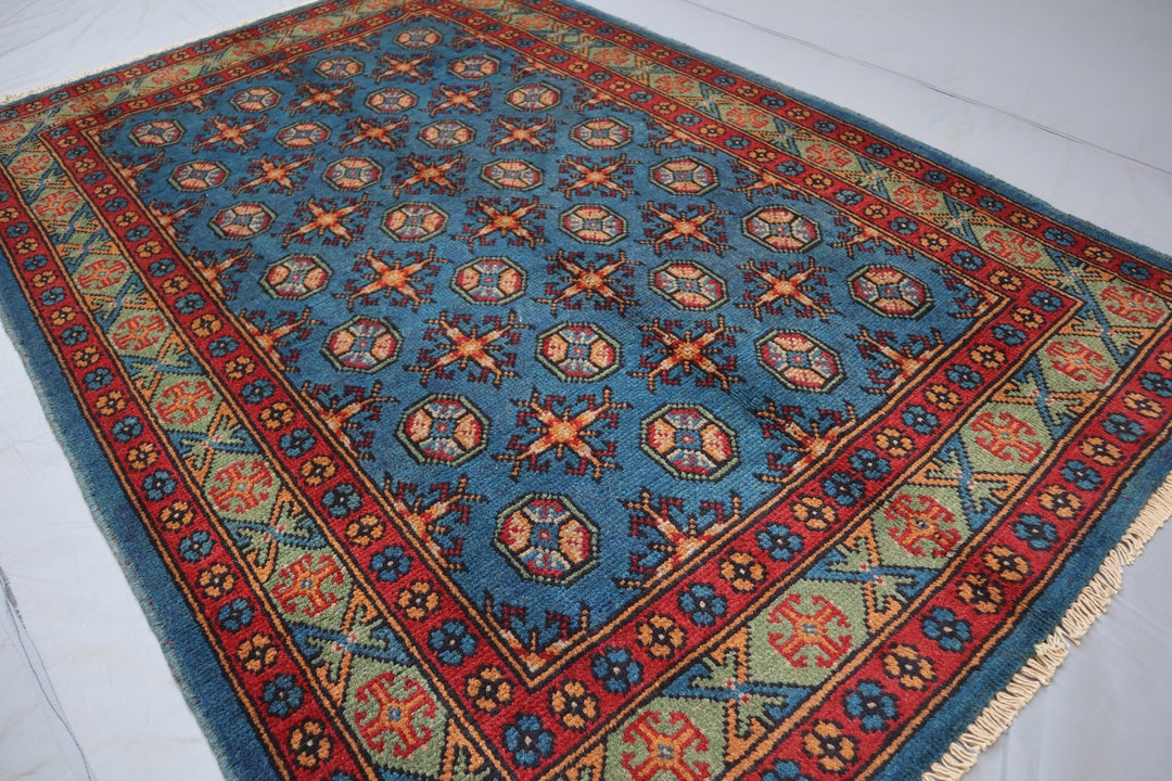 4x6 Ft Blue Turkmen Bukhara Rug, Afghan Handmade Veg Dyes Plush Wool ...