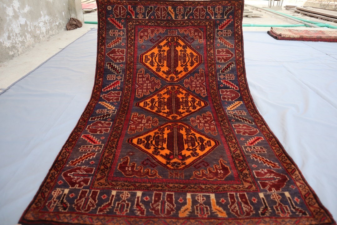 3'4x5'4 Ft Orange Antique Afghan Baluchi Rug Tribal Handmade Veg Dyes ...