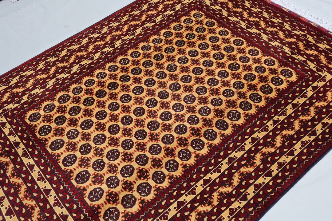 5x7 Handmade Afghan Rug | Golden Turkmen Khuaja Roshnai Rug | Rare ...