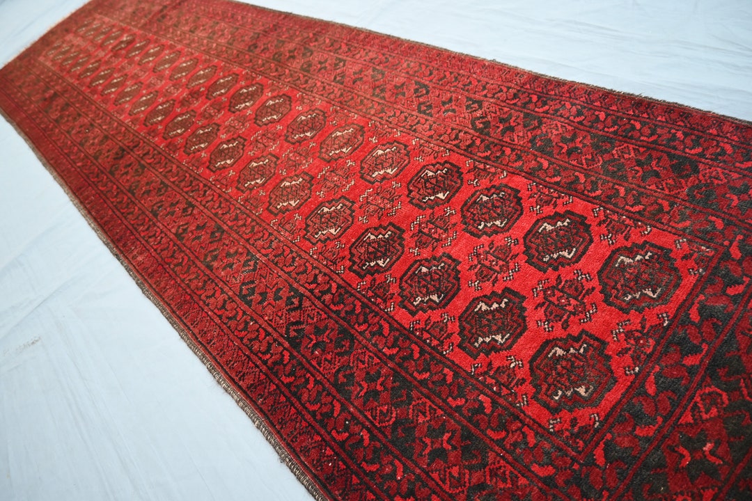 9 Ft Runner Rug, Antique Afghan Handmade Wool Runner Rug, Turkmen ...
