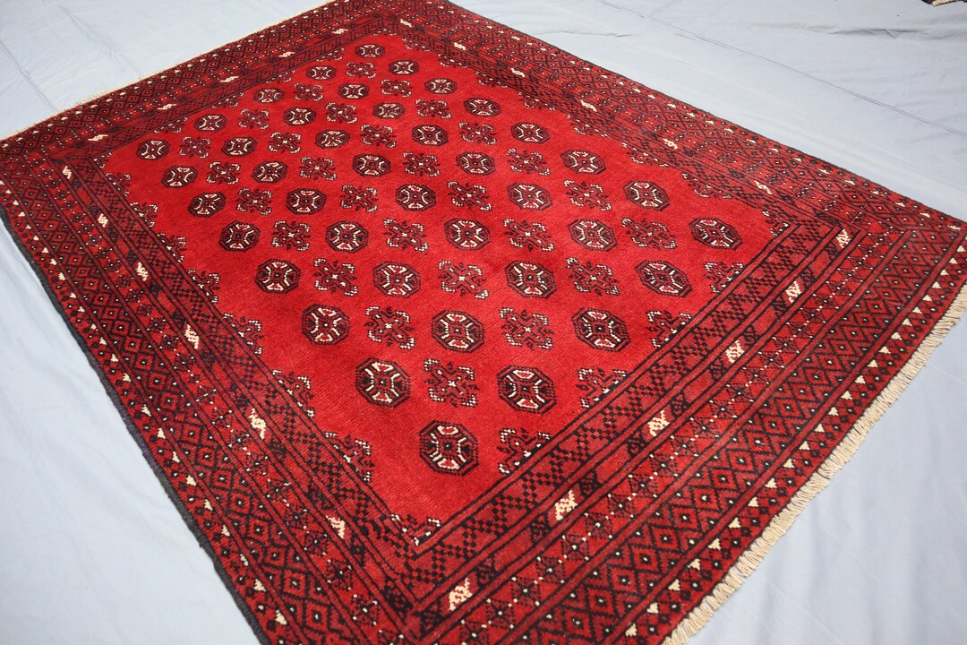 4'8x6'6 Red Bukhara Rug, Afghan Hand Knotted Veg Dyes Plush Wool Area ...