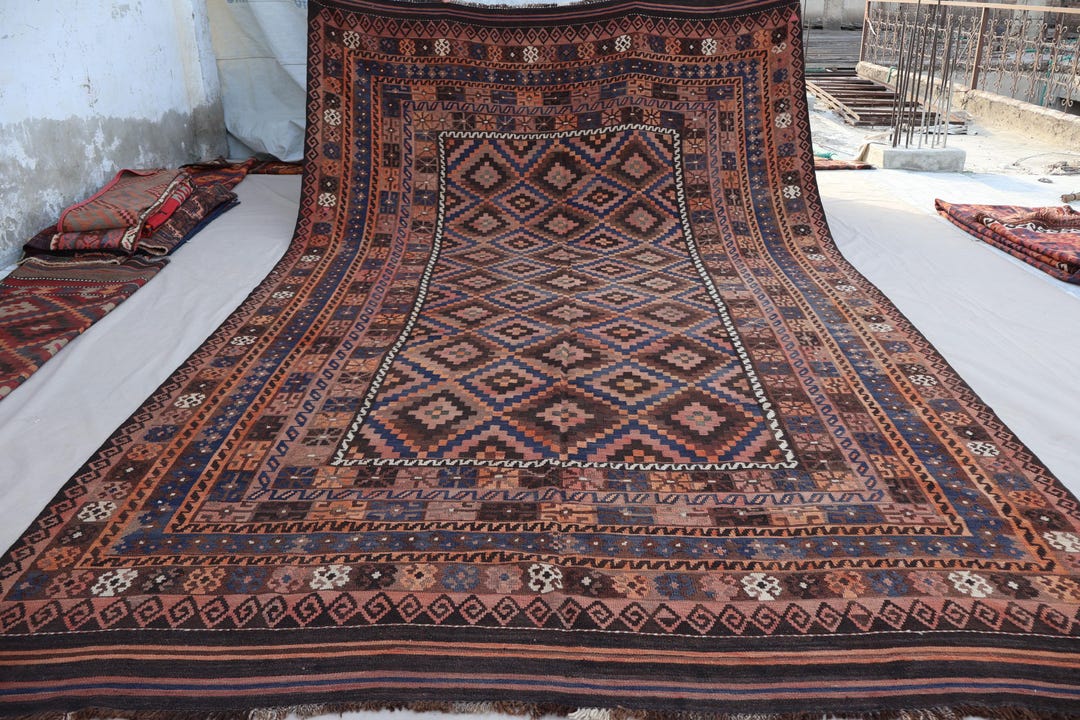 1940s Antique Rug 9x15 Ft Terracotta Vintage Faded Afghan Flatweave ...