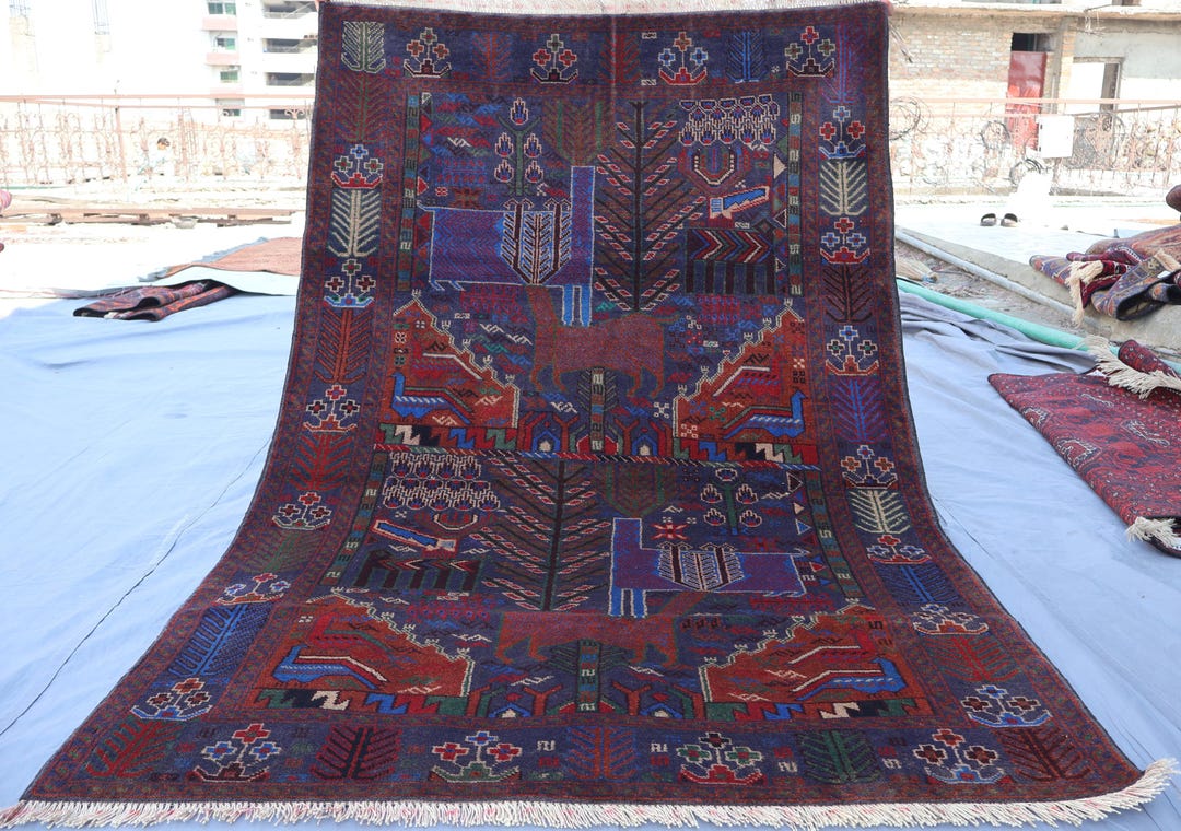 4x6 Ft Vintage Pictorial Rug, Afghan Handmade Wool Rug, Animal Print ...