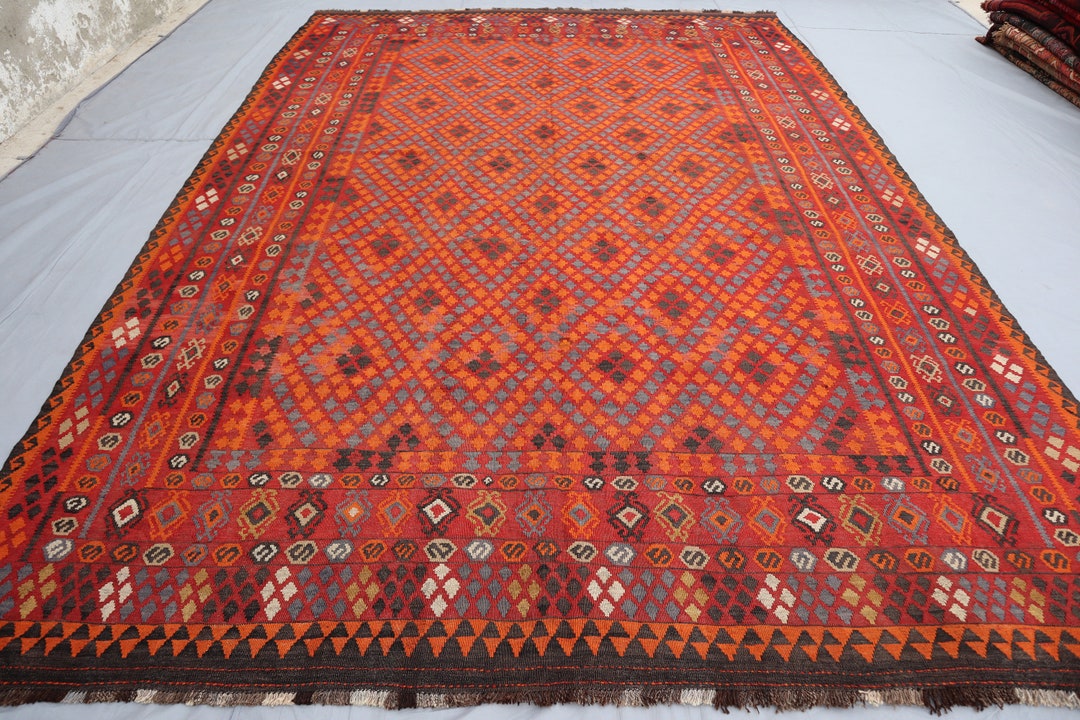 8x13 Large Vintage Rug Authentic Afghan Handmade Wool Orange Red Rug ...