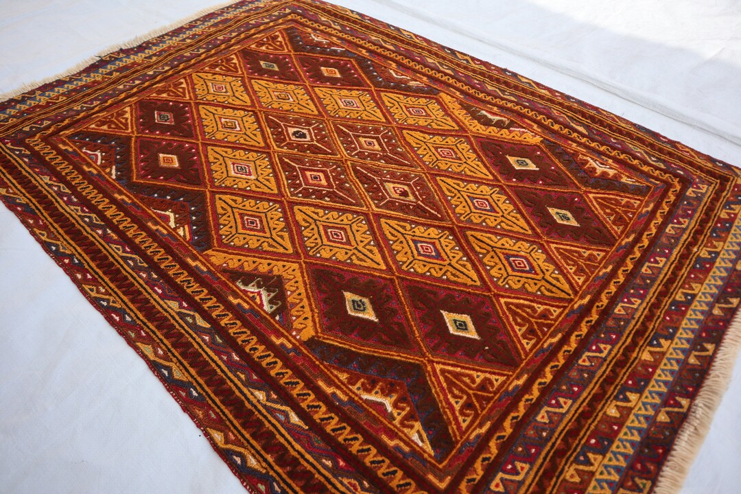 Orange Vintage Rug, 3x4 Afghan Handmade Wool Area Rug, Worn to ...