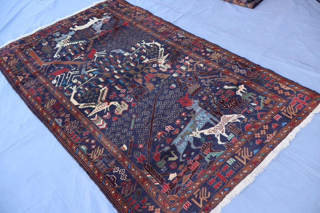 4x7 One of a Kind Pictorial Rug Dark Blue Afghan Hand Knotted Natural ...