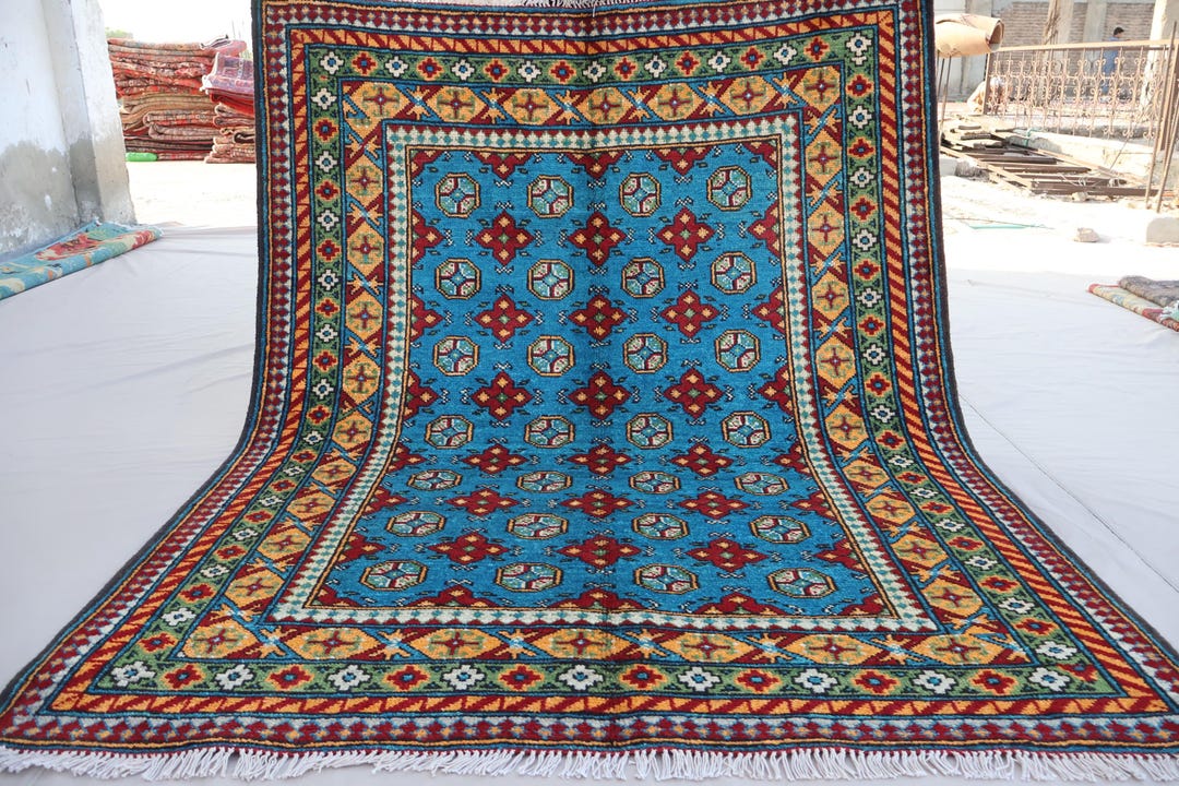 Blue Bukhara Rug 4'10x6'4 Natural Veg Dyes Hand Knotted Wool Rug ...