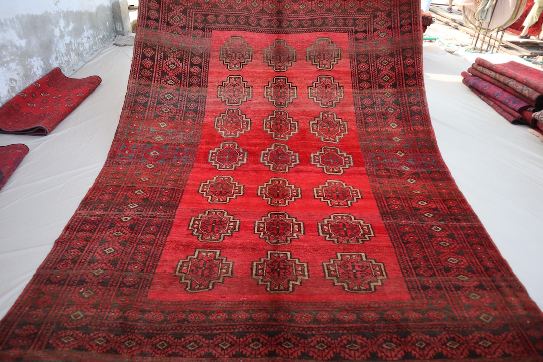 7x10 Large Vintage Afghan Rug, Red Tribal Hand Knotted Wool Vintage ...