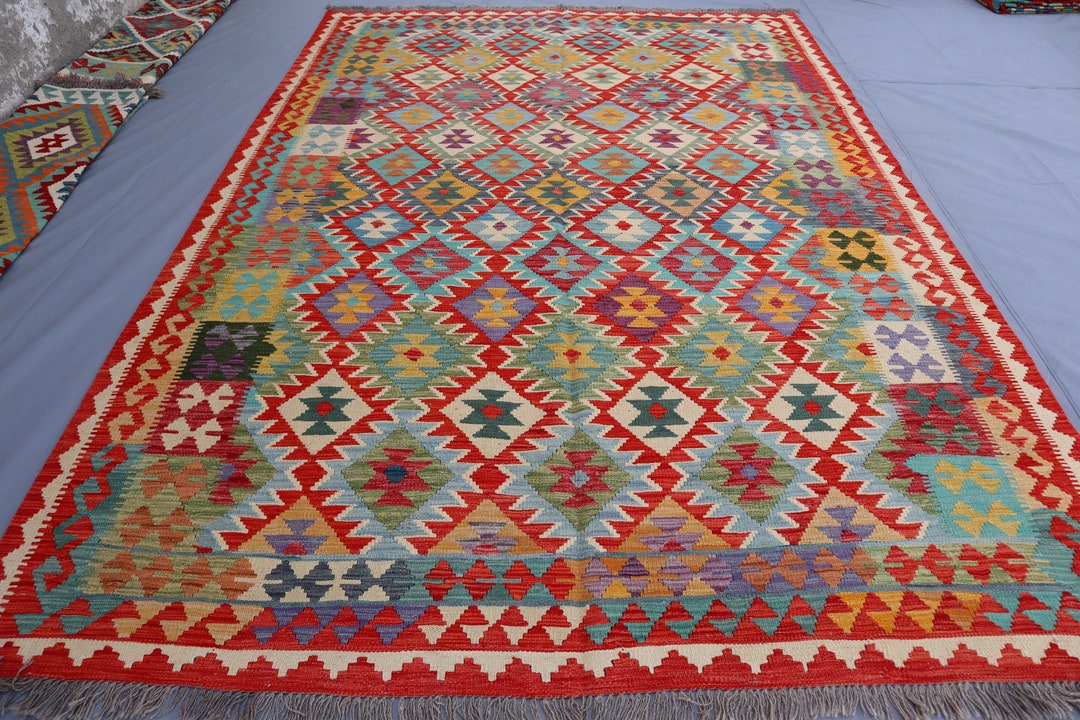 7x10 Afghanischer Kelim Teppich Rot Orange Weich Blau Grün - Etsy.de