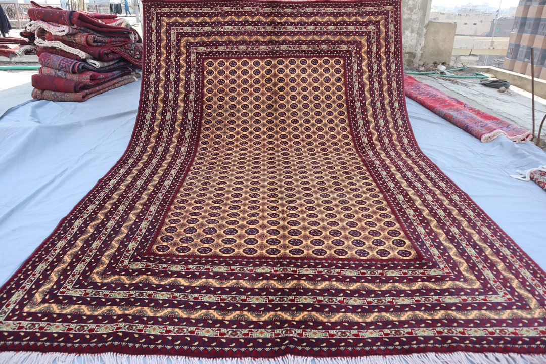7x10 Gold Bukhara Rug, 6'7x9'8 Ft Turkmen Hoja Roshnaye Design Rug ...