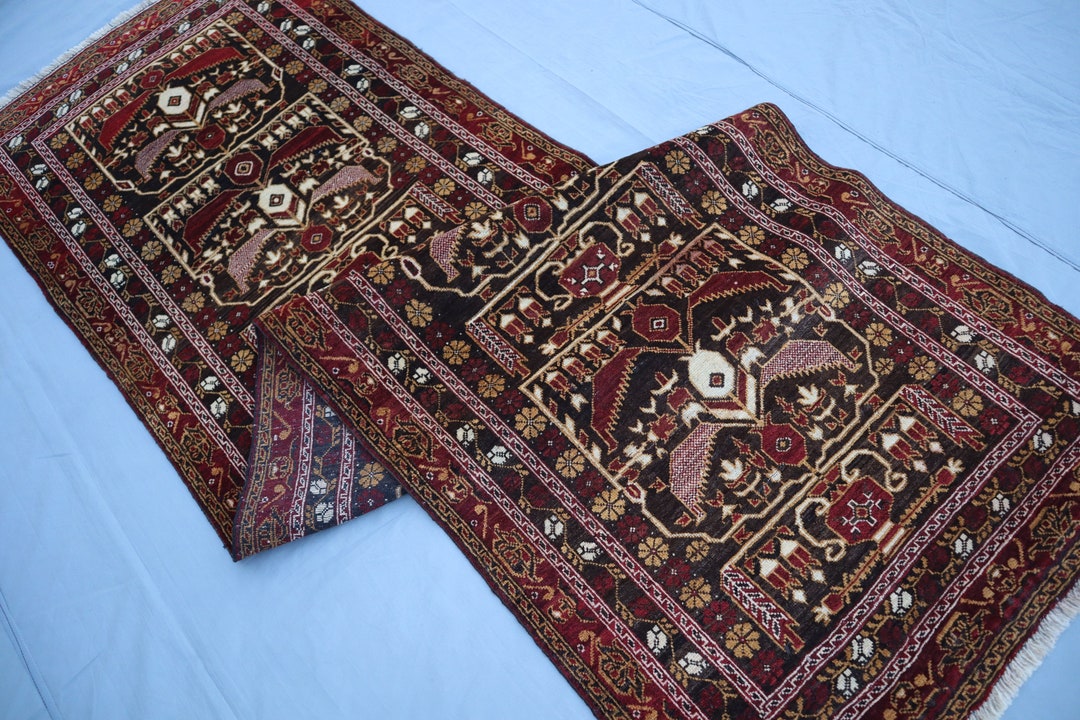 1940s Antique 9 Ft Runner Rug, Low Pile Faded Afghan Handmade Runner ...