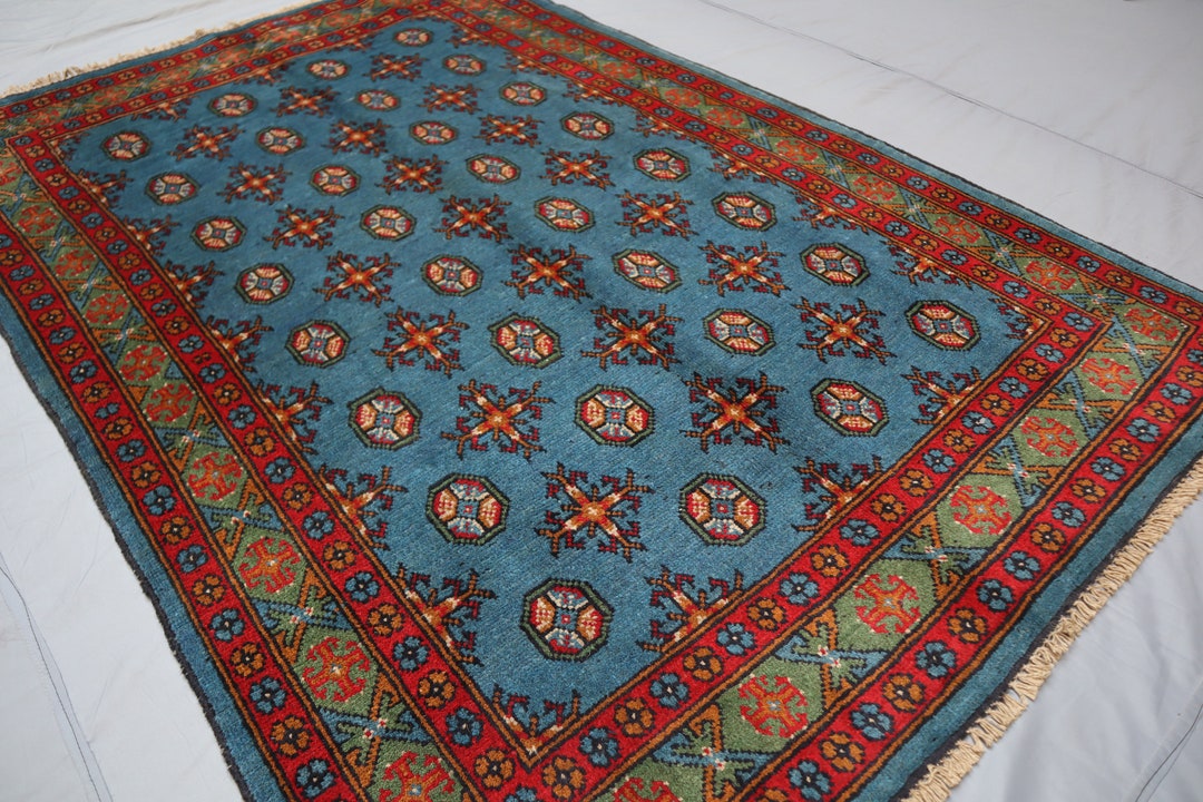 4x6 Blue Bukhara Rug Hand Knotted Traditional Afghan Plush Wool Rug ...