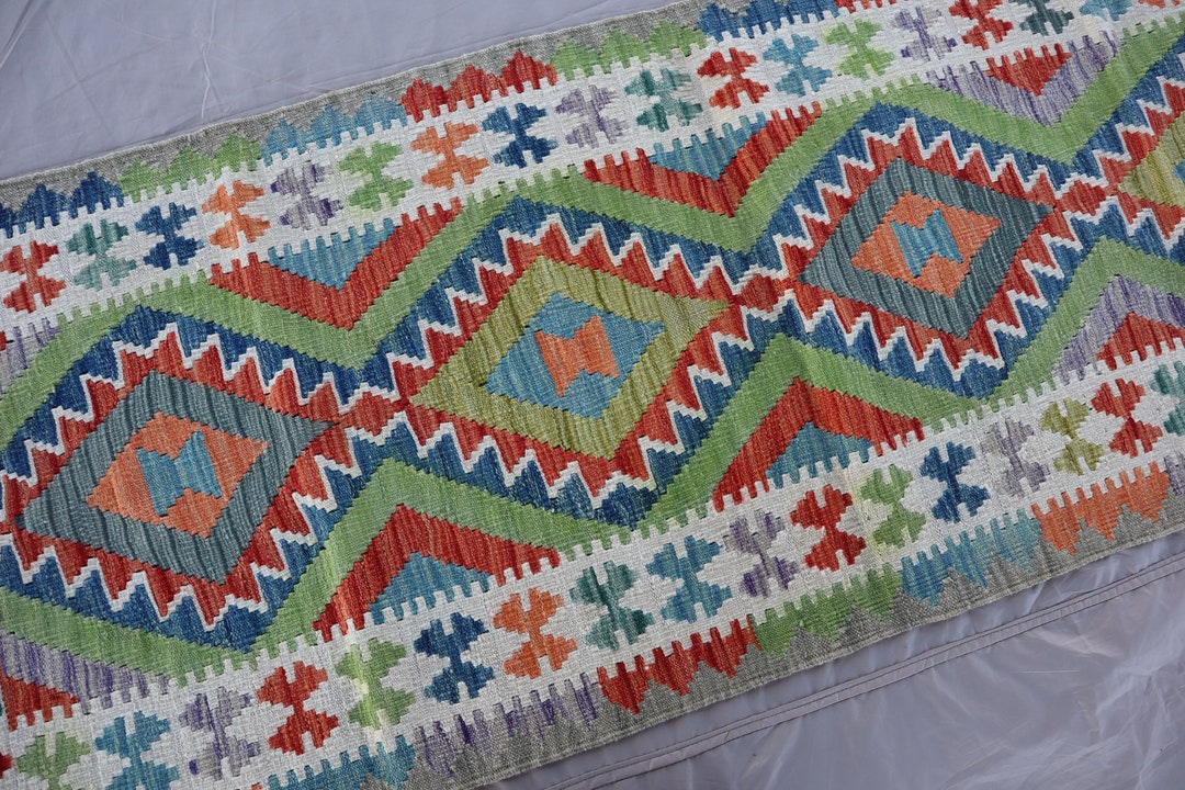 7 Ft Green Runner Rug 2'8x6'10 Afghan Flatweave Runner Rug, Handmade ...