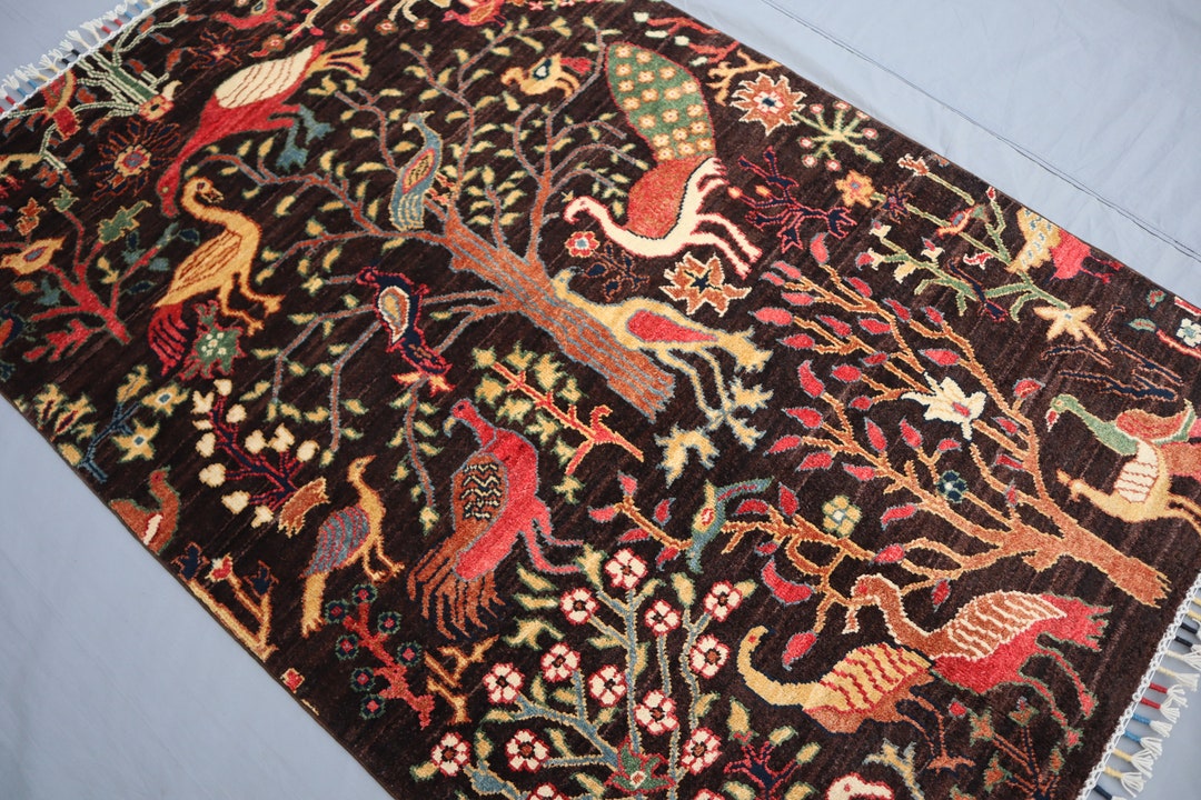3x5 Birds Pictorial Rug, Afghan Hand Knotted Soft Wool Area Rug, Tree ...