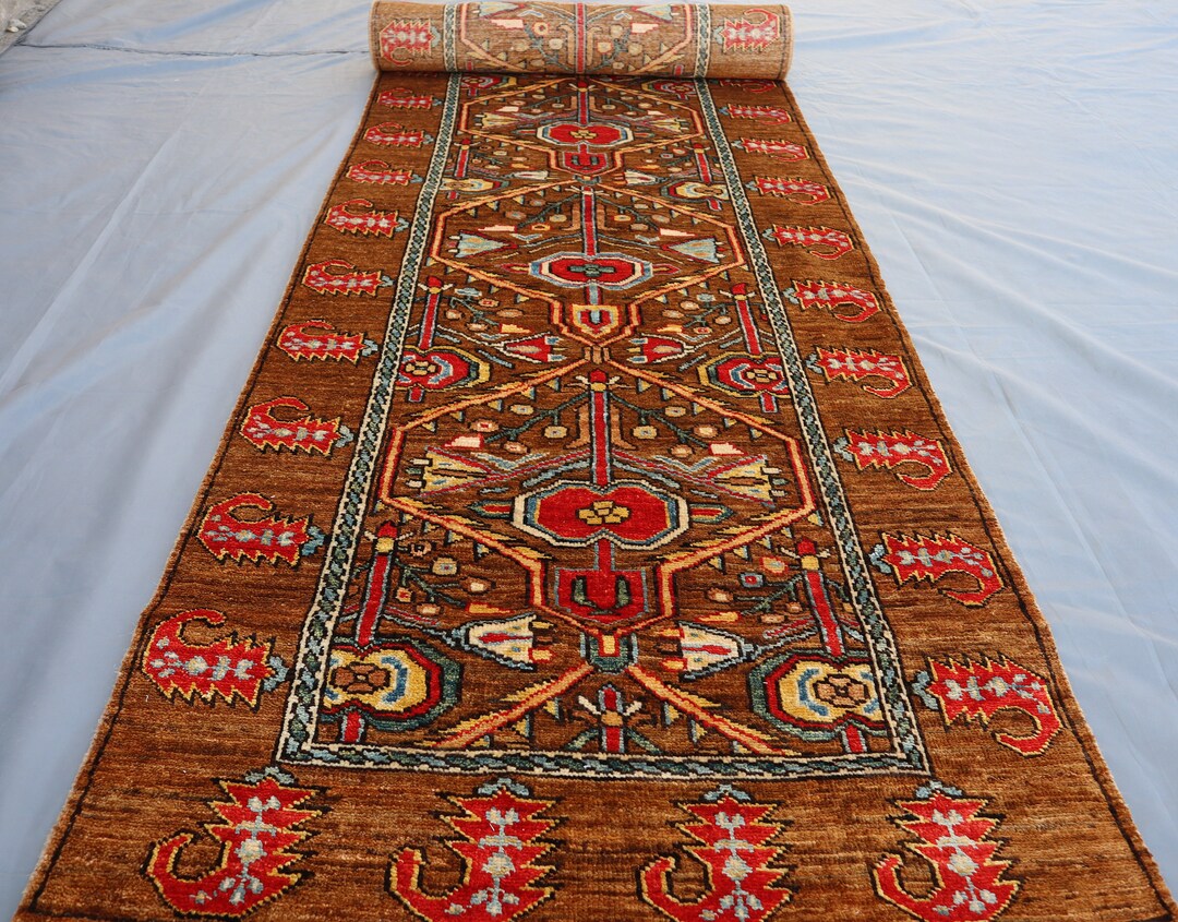 Geometric 12 Ft Runner Rug, Brown Hand Knotted Afghan Wool Runner Rug ...
