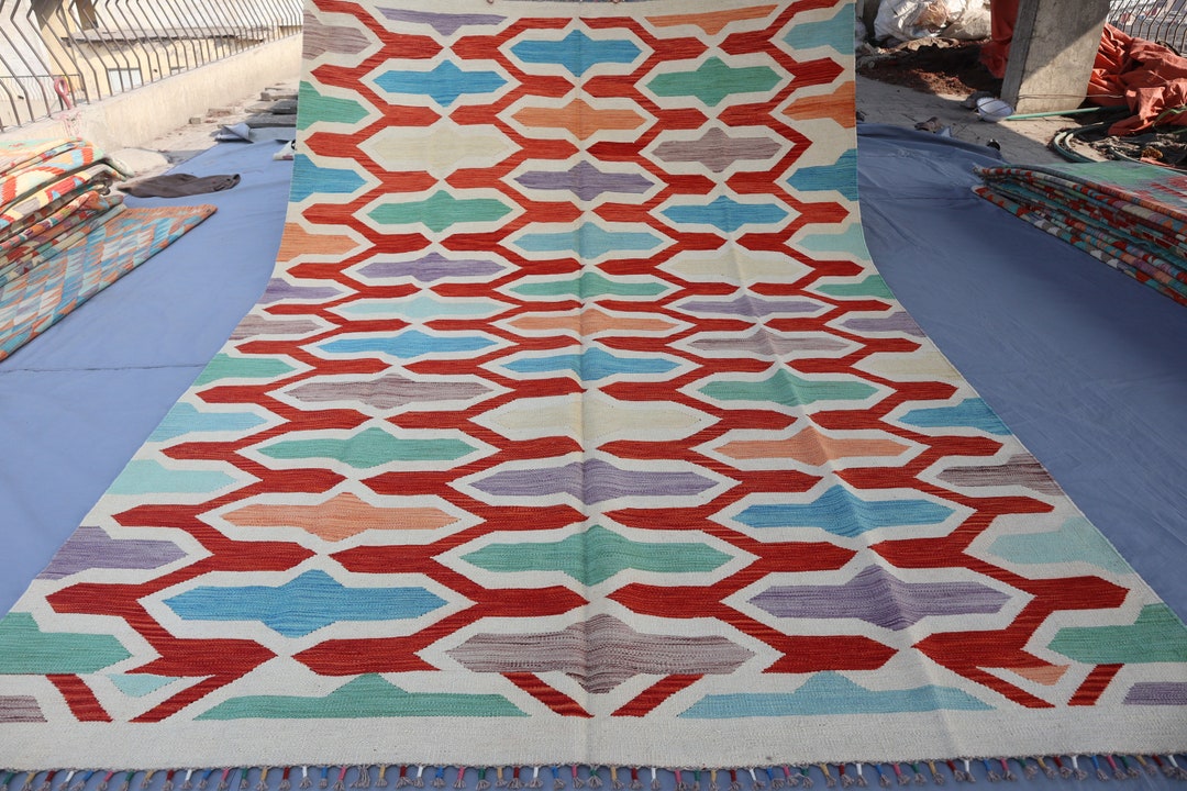 7x10 Beige Red Orange Afghan Unique Design Modern Kilim Rug, 100% Wool ...