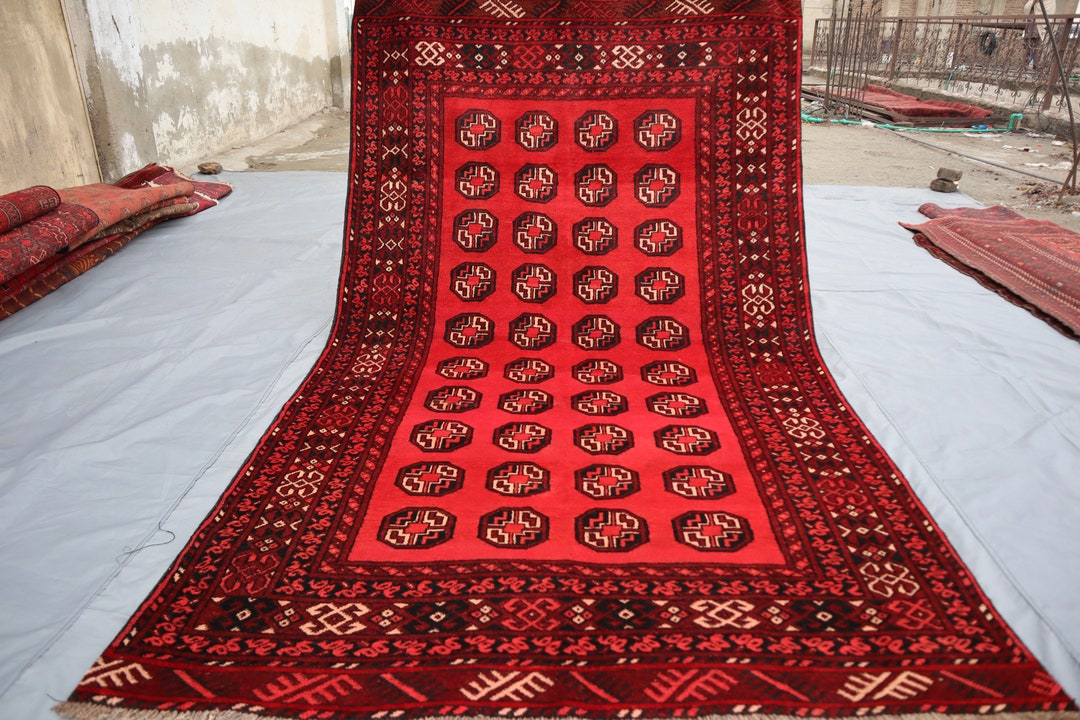 Antique Rug 5x8 Ft Vintage Waziri Design Bukhara Rug, Red Afghan Hand ...
