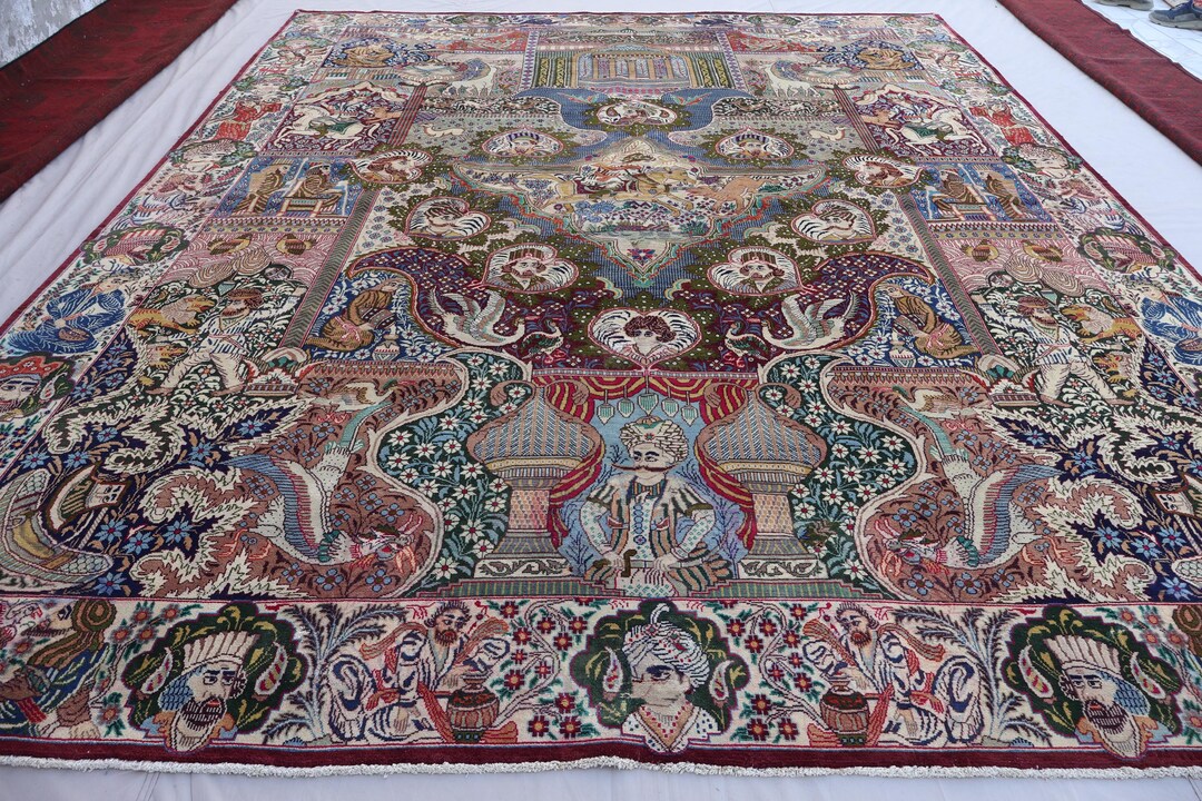 10x13 Vintage Pictorial Area Rug, Handmade High Pile Wool Rug, Antique ...