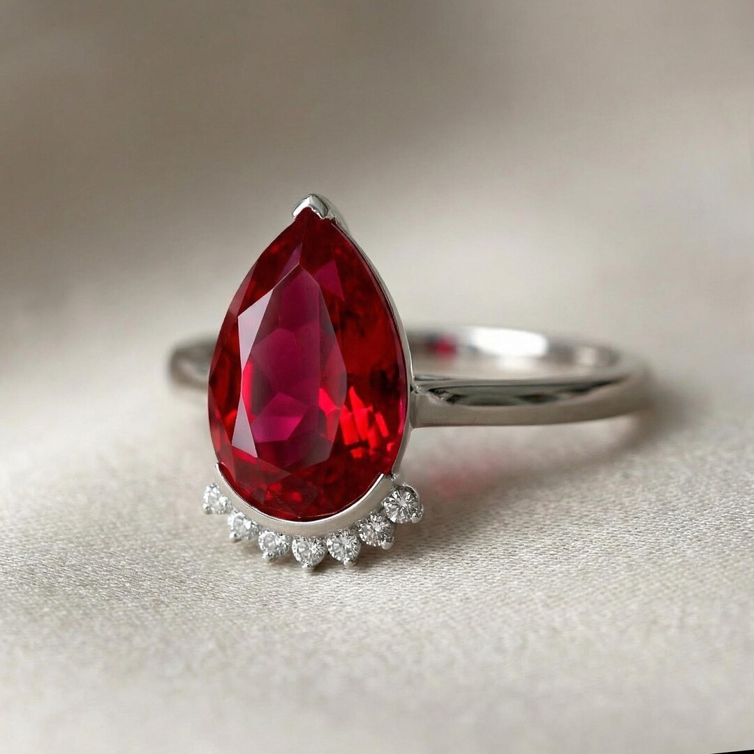 14K Gold Pear Ruby Ring, Diamond Accent, July Birthstone - Etsy