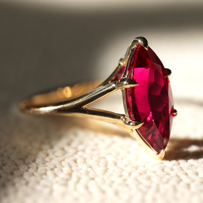 14K Solid Gold 3.8ct Ruby Ring, Marquise Engagement Ring, Red Stone ...