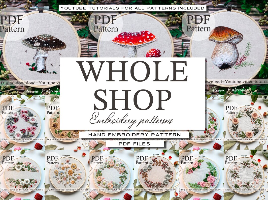 WHOLE SHOP BUNDLE, Hand Embroidery Pattern Collection Flower Embroidery ...