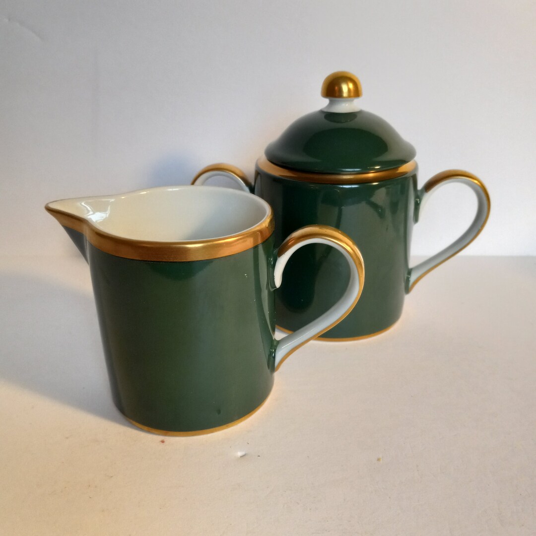 VINTAGE Fitz and Floyd Renaissance Set of Sugar Bowl and Creamer Green ...