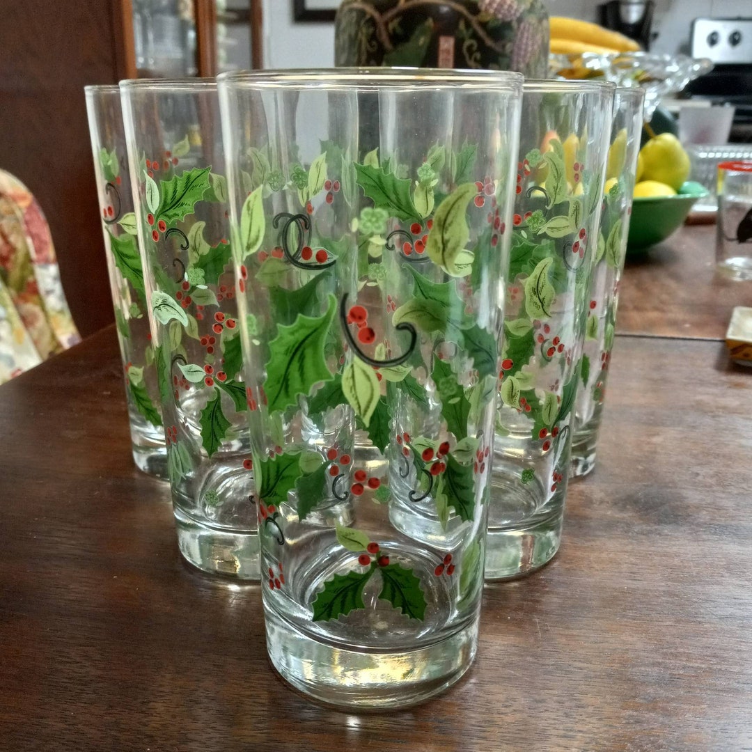 Libbey Glass Co. Holiday Holly Highball Glasses Tumblers 14 Oz Set of 6 ...