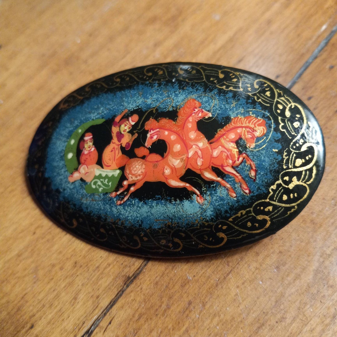 Vintage Russian Lacquered Wooden Brooch Three Horses and Sled Scene ...