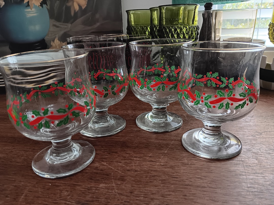 Vintage Libbey Holly and Berry Sherbert Eggnog Footed Glass Set of 4 - Etsy