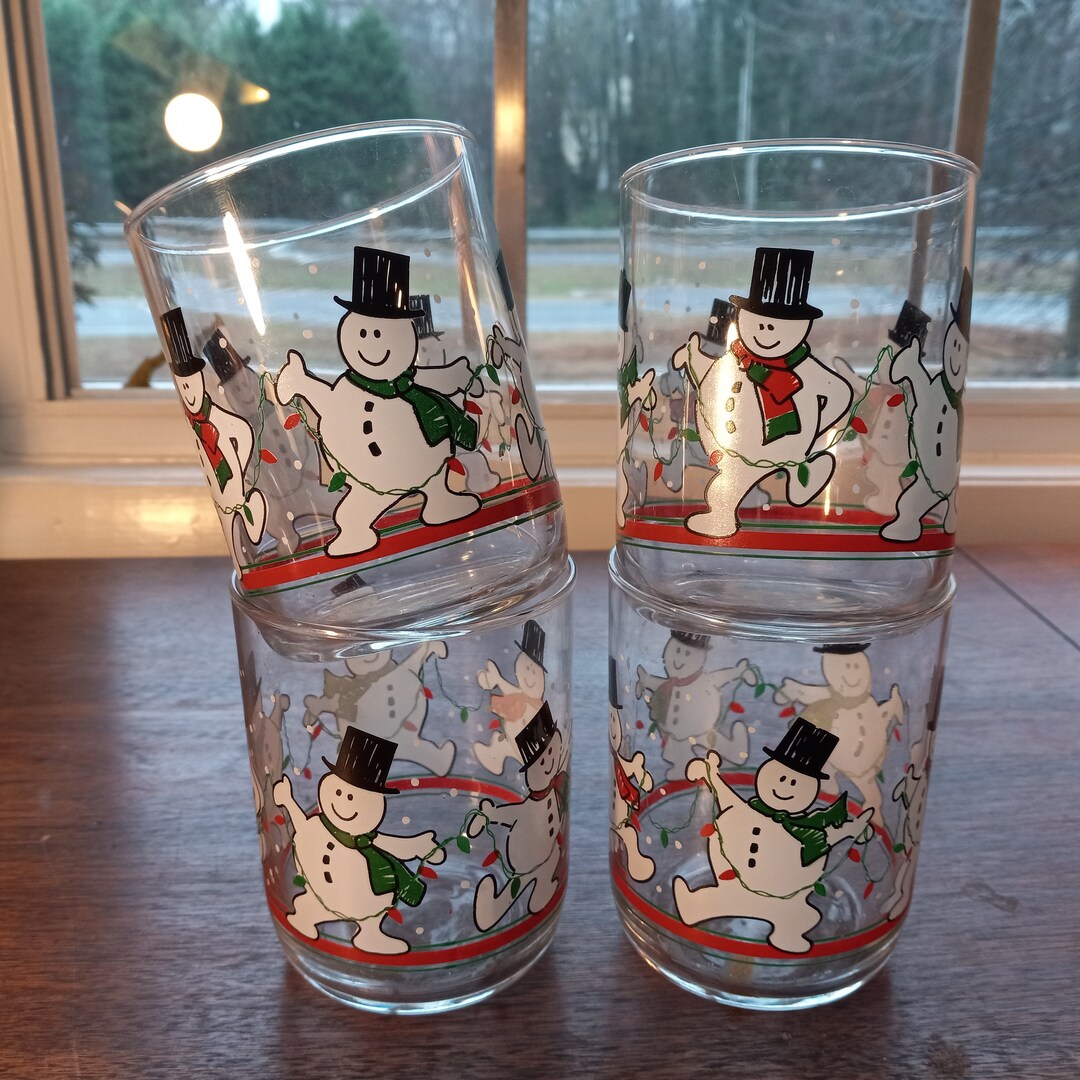 Vintage Libbey Snowmen Dancing With Christmas Lights Low Ball Drinking ...
