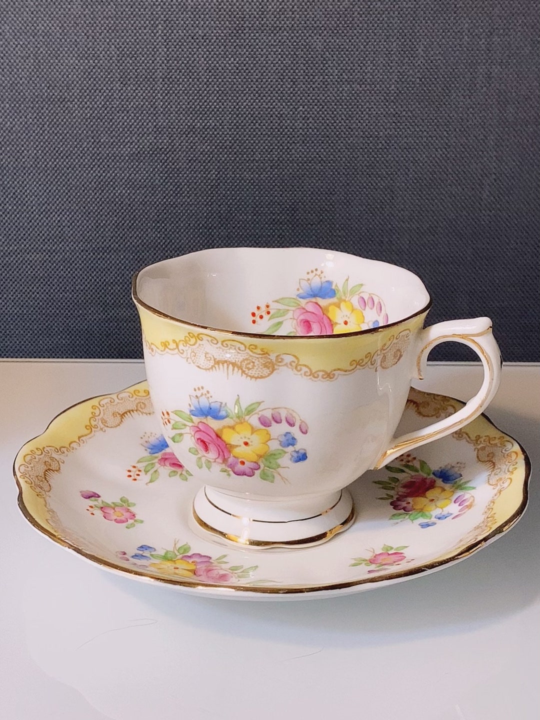 Vintage Royal Albert Yellow Border Floral Enamelled Teacup Saucer Hand ...