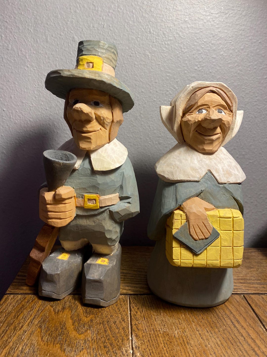 Hand Carved Wood Folk Art Figurine, Old Man and Women, 8” and 7” Tall ...