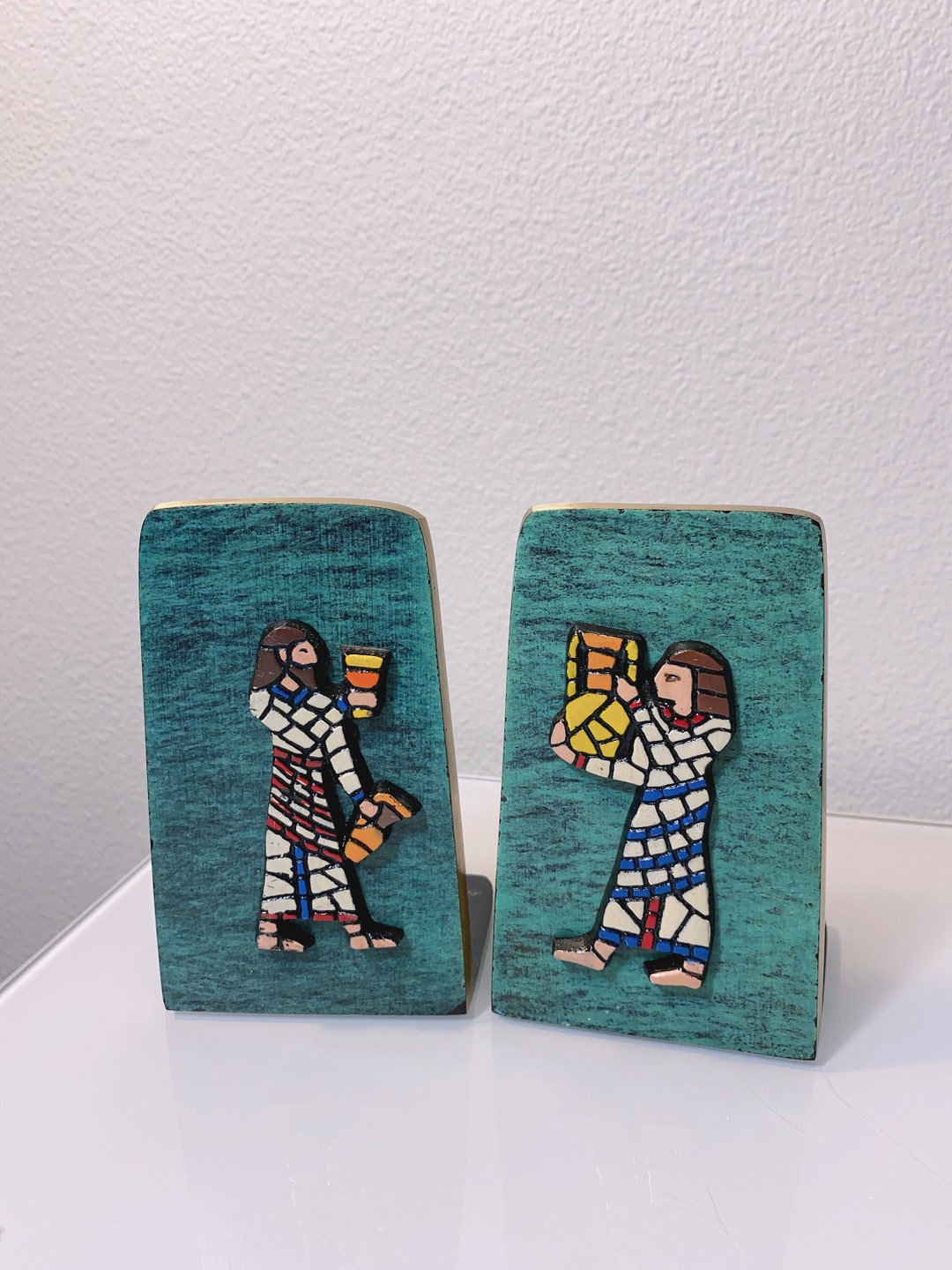 Vintage Brass Dayagi Green Enamel Mosaic Bookend, Made in Israel - Etsy