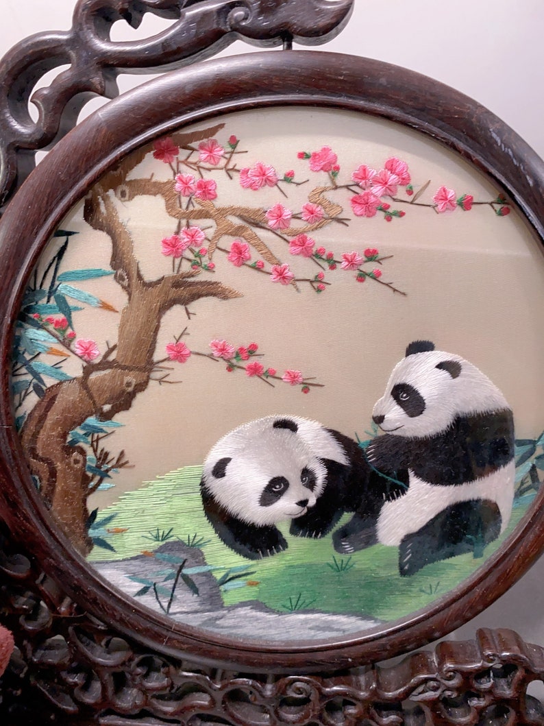 Vintage Embroidery Two Pandas Under a Peach Blossom Tree, Double Sided ...