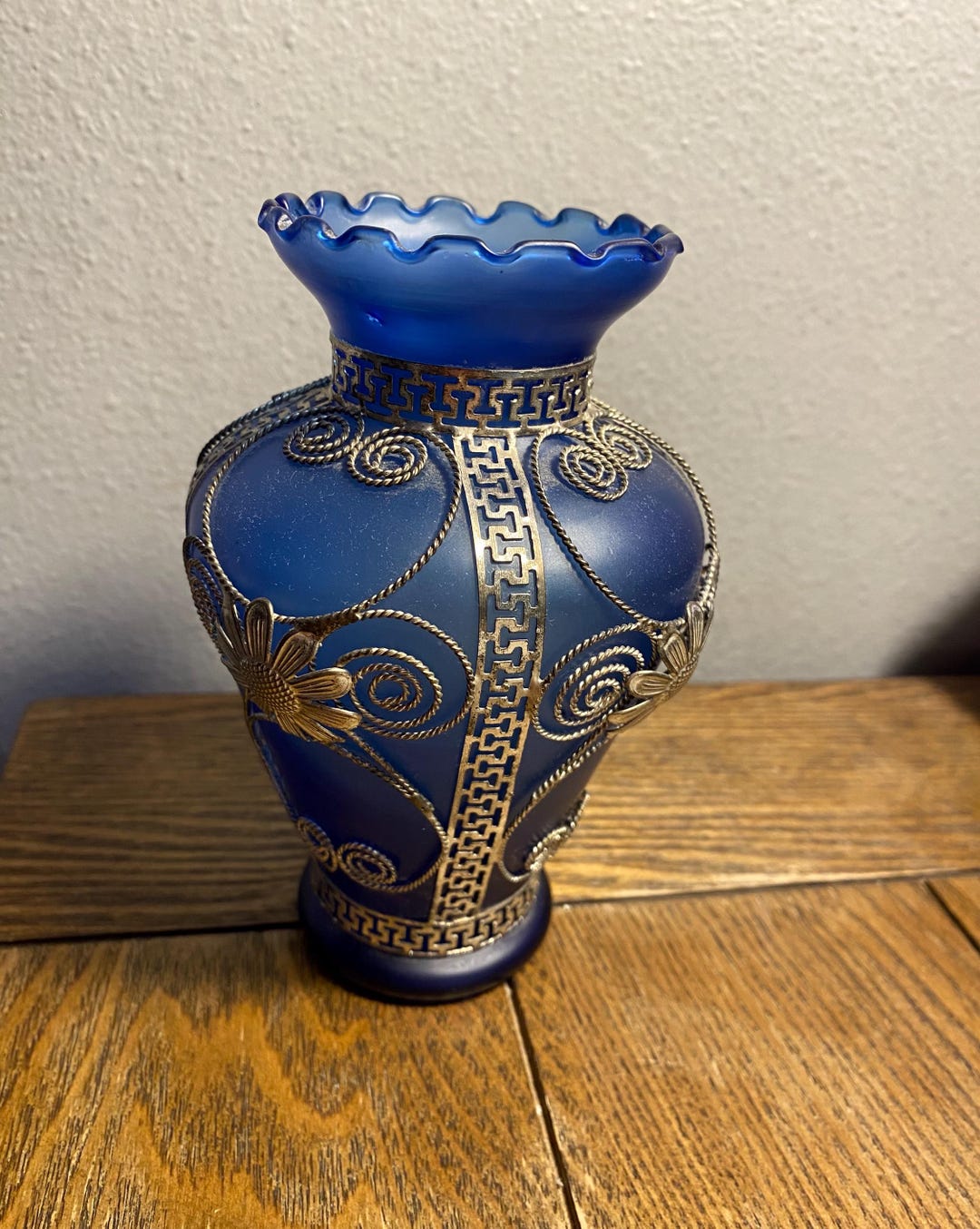 Vintage Greek Blue Satin Glass Vase With Silvered Filigree Wire Overlay ...