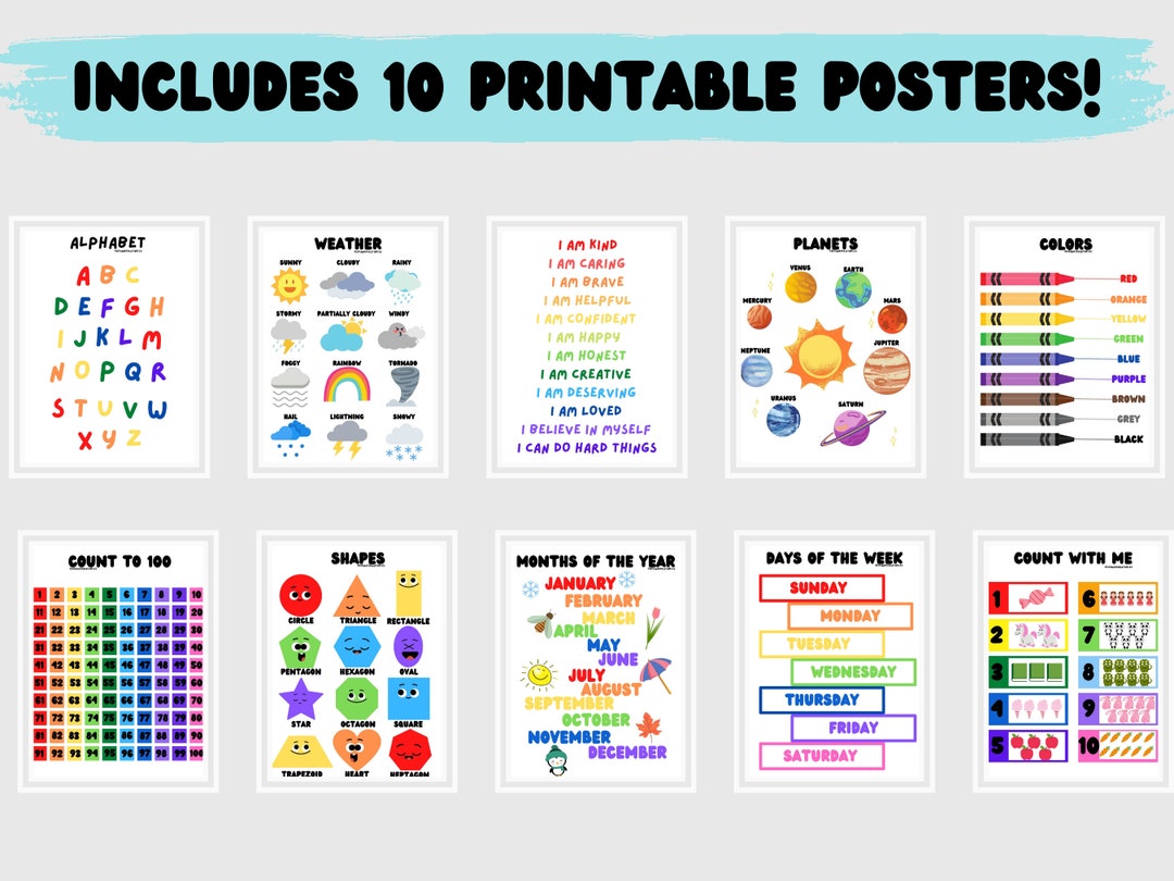 Kids Educational Poster Bundle, Playroom Wall Art, Kids Printable Wall ...