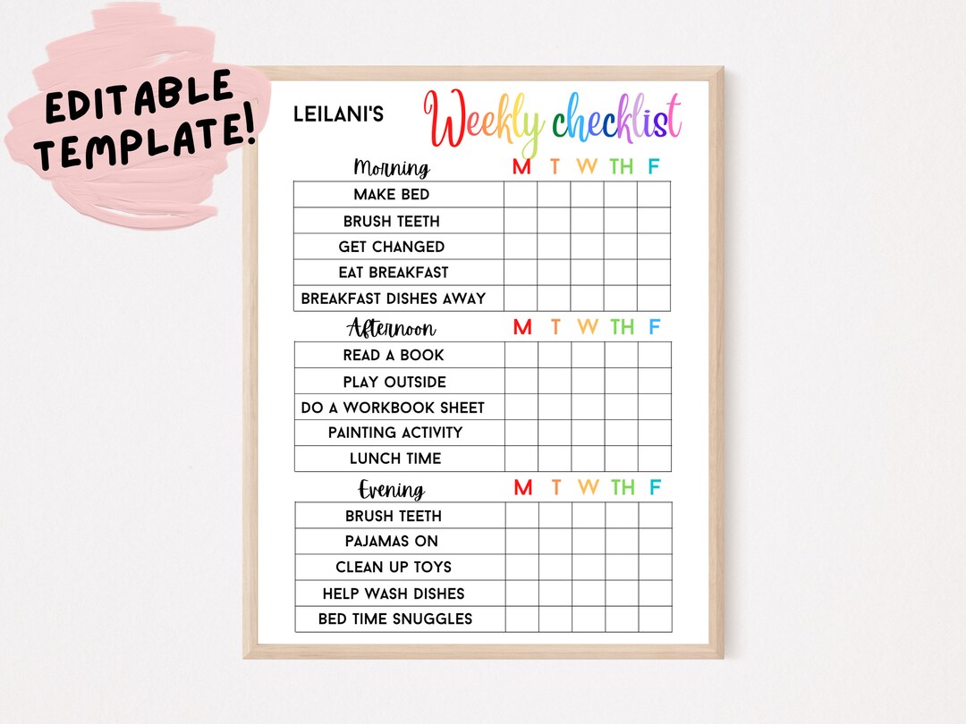 Editable Chore Chart, Weekly Checklist, Kids Rhythm Chart, Weekly ...