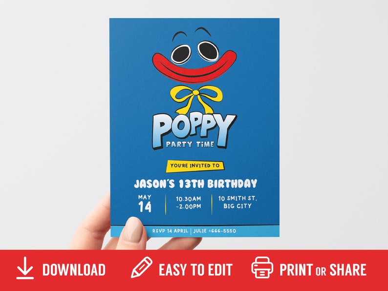 Poppy Playtime Smile Birthday Invitation Poppy Playtime Party Poppy ...