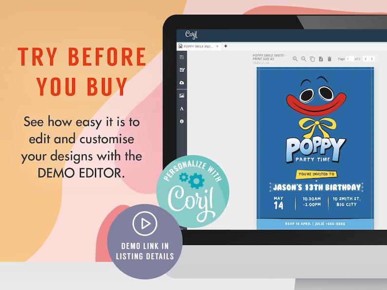 Poppy Playtime Smile Birthday Invitation Poppy Playtime Party Poppy ...