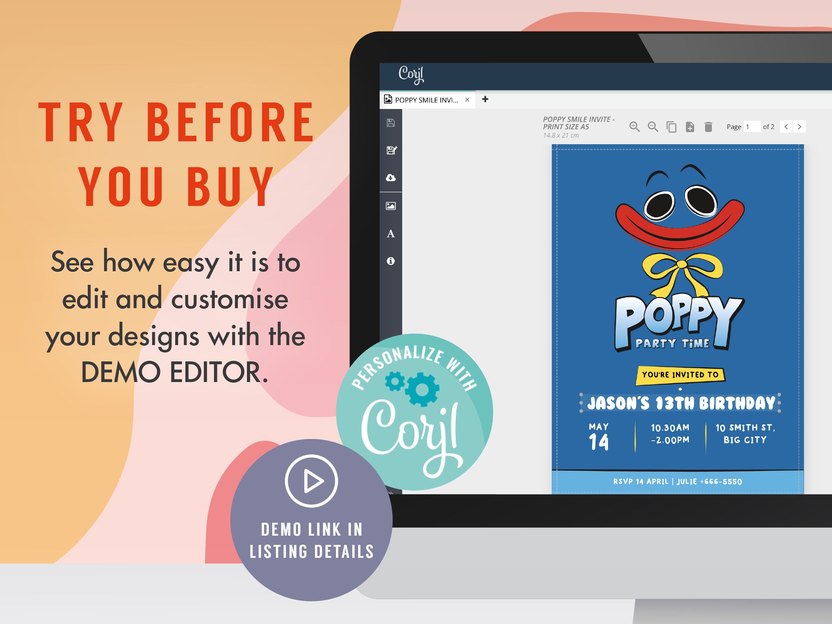 Poppy Playtime Smile Birthday Invitation Poppy Playtime Party Poppy ...