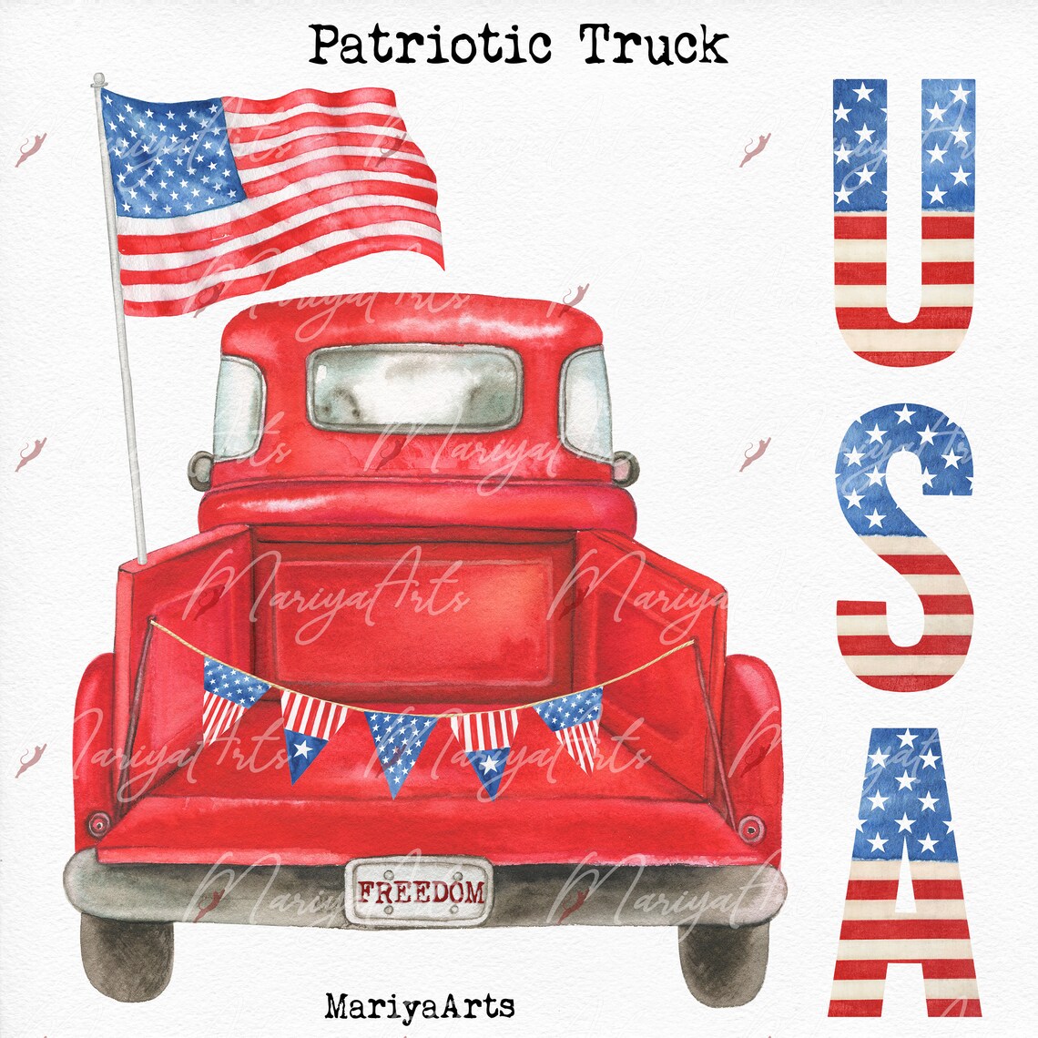 Patriotic Truck USA Flag Day American Flag Clipart, Watercolor, 4th ...